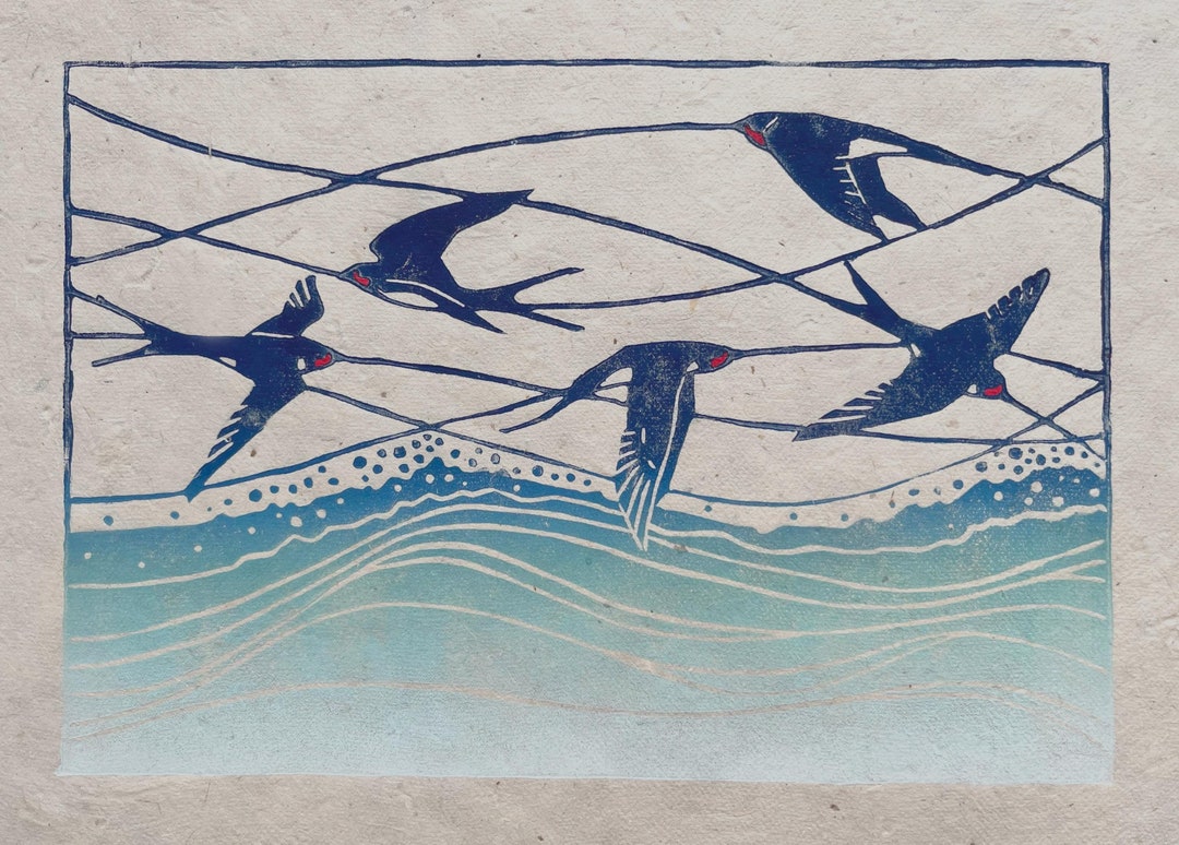 Distant Shores Linocut Print | Swallows in Flight | Original Lino Print ...