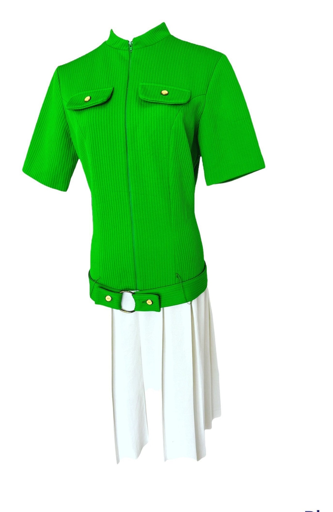M L 60s Mod Space Age Era Gogo Green Zip Front White Pleated Skirt Drop ...