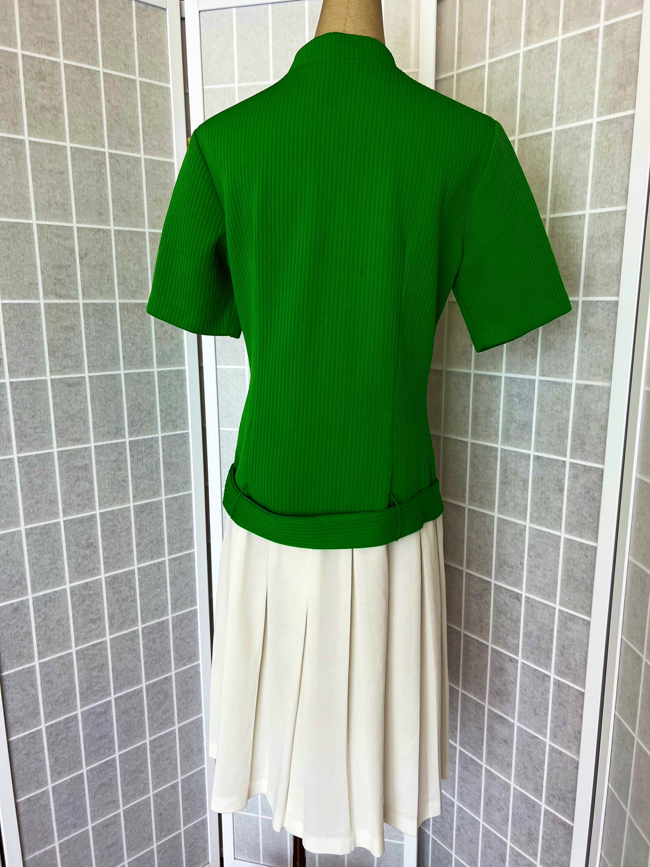 M L 60s Mod Space Age Era Gogo Green Zip Front White Pleated Skirt Drop ...