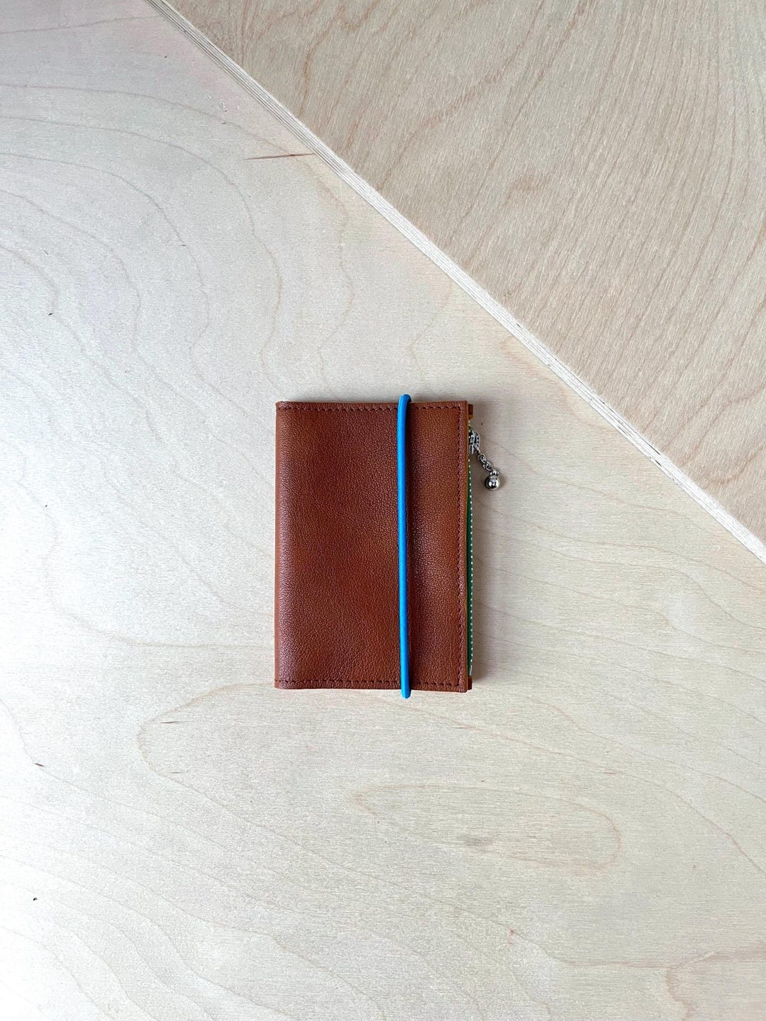 MINI WALLET in Tan Brown Leather With Bright Blue Elastic Closure ...