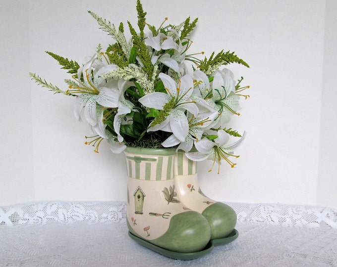 Ceramic Garden Boots Vase With Green Heather and White Lilies - Etsy