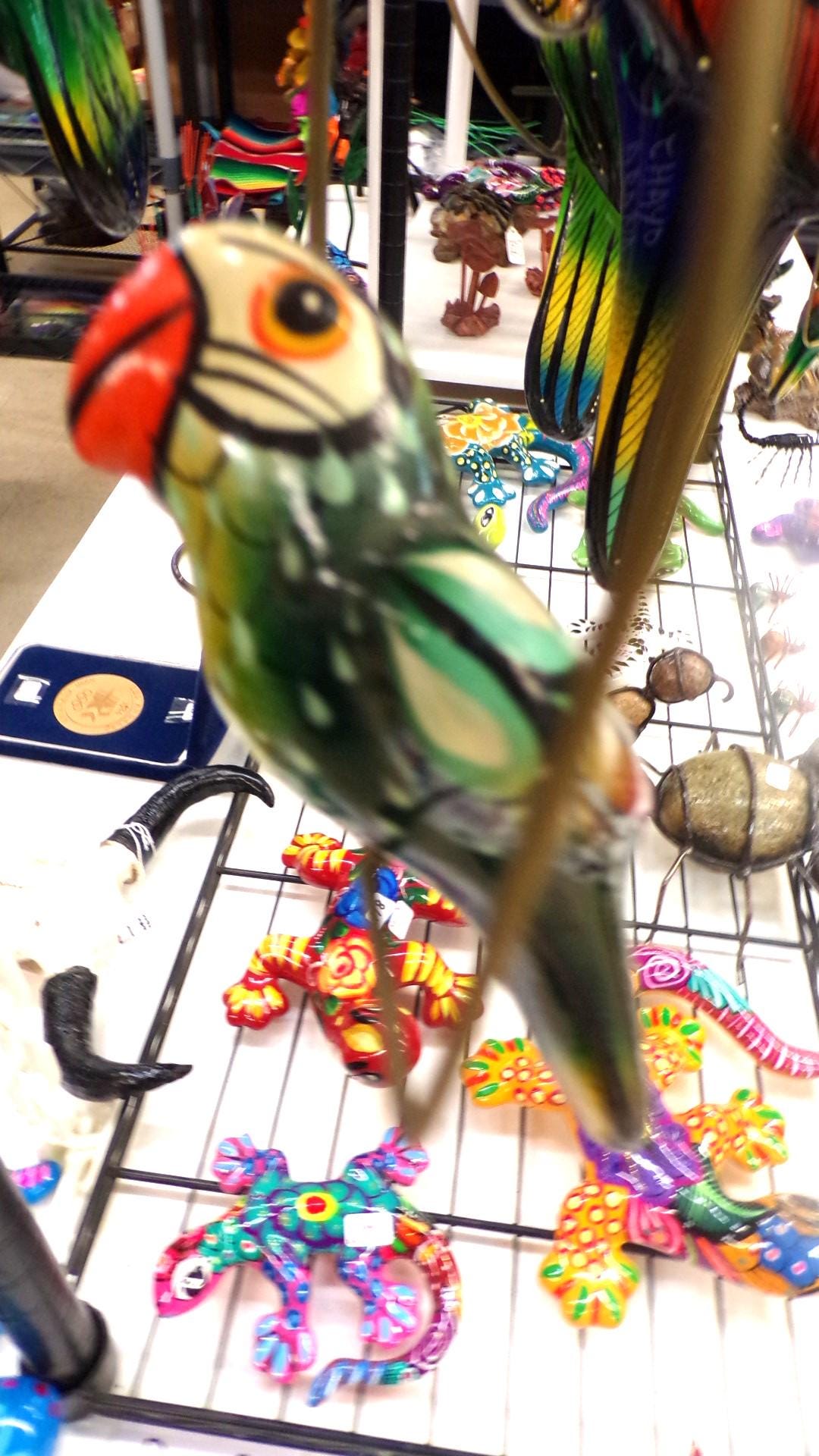 Colorful Hanging Parrot Pottery • 5.5" Ceramic Bird on Metal Perch ...