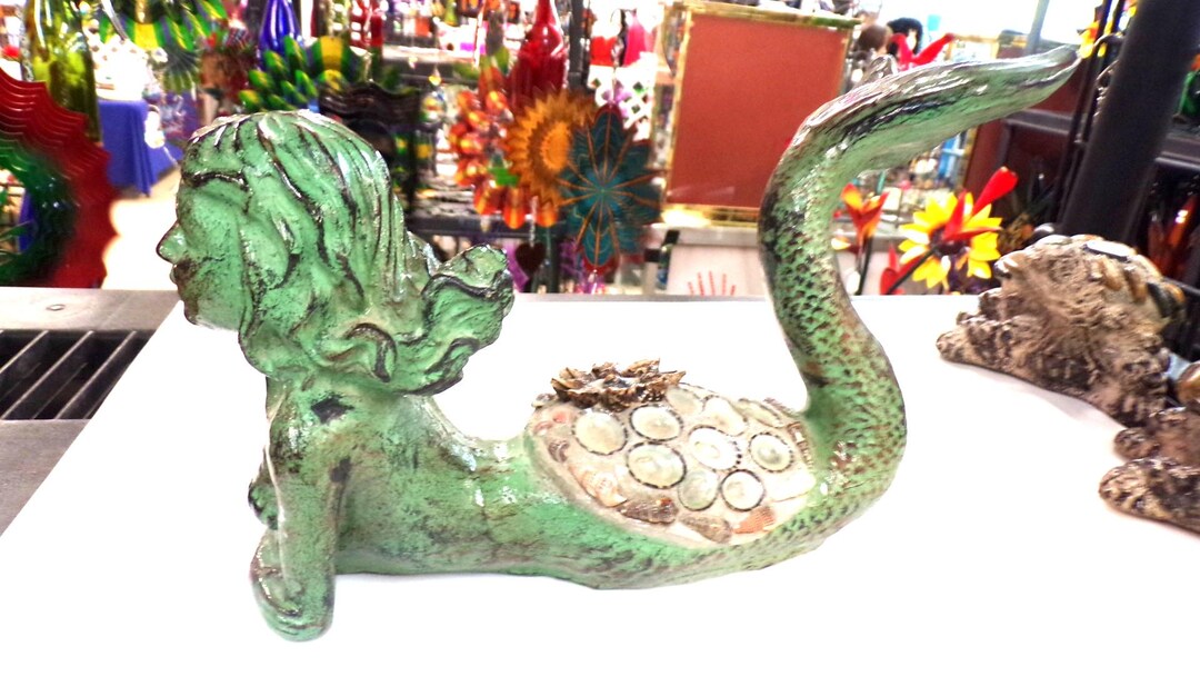 Beautiful Handcrafted 12" Cement Mermaid With Seashell Adornments. Free ...