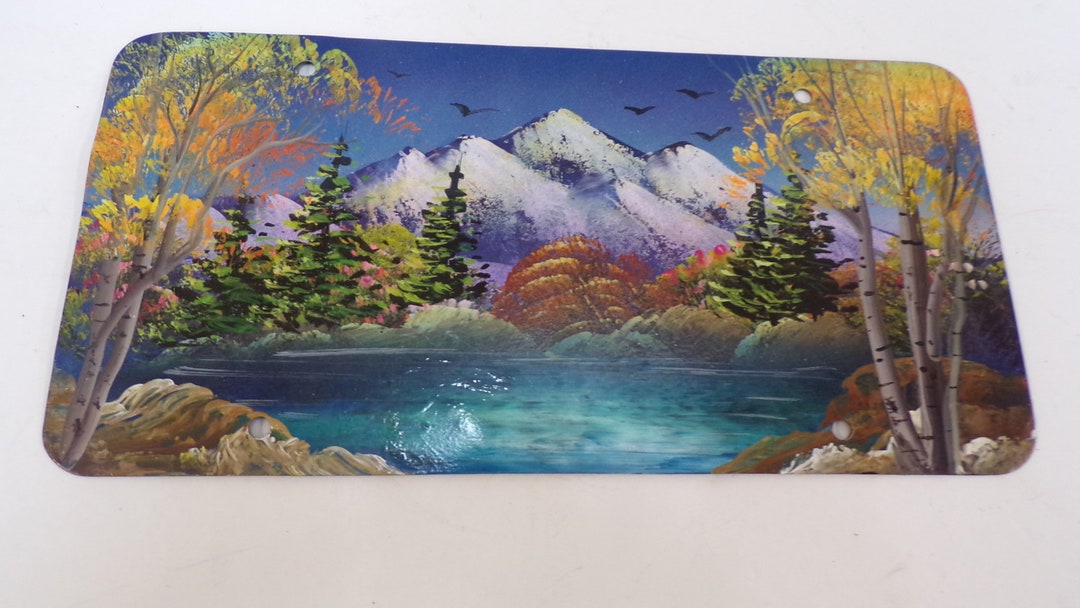 Metal Auto License Plate, Hand Painted Mountain Scene With Lake, Pines ...