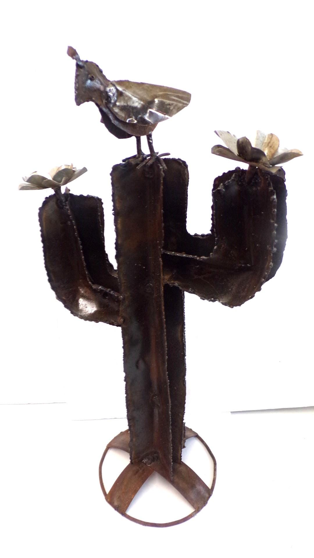 Rustic Metal Saguaro Cactus Yard Art – 22 Inch Tall With Quail and ...