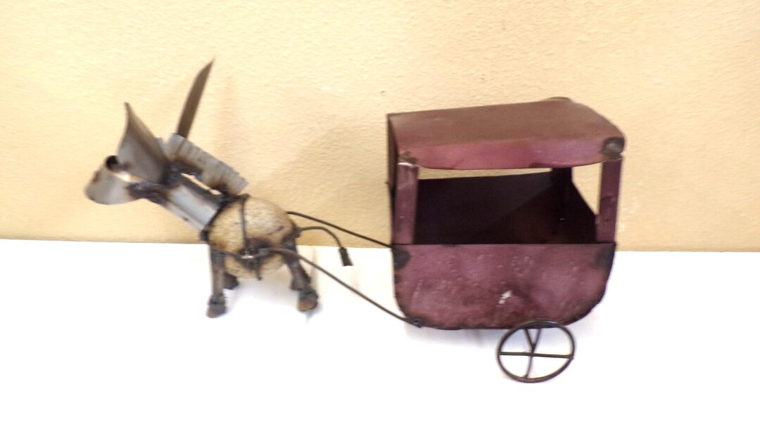 Handmade Metal & Stone Rustic Burro, Donkey, Jackass Pulling a Cart ...