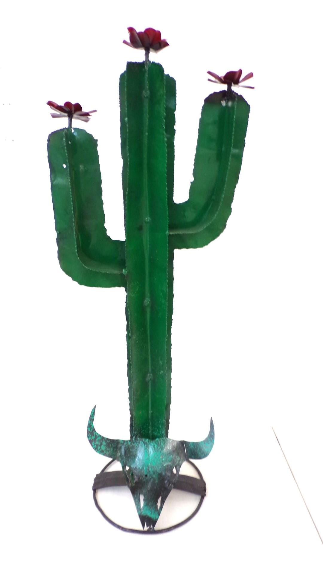 Large Saguaro Cactus Yard Art – 35" Tall Green Patina With Steer Skull ...