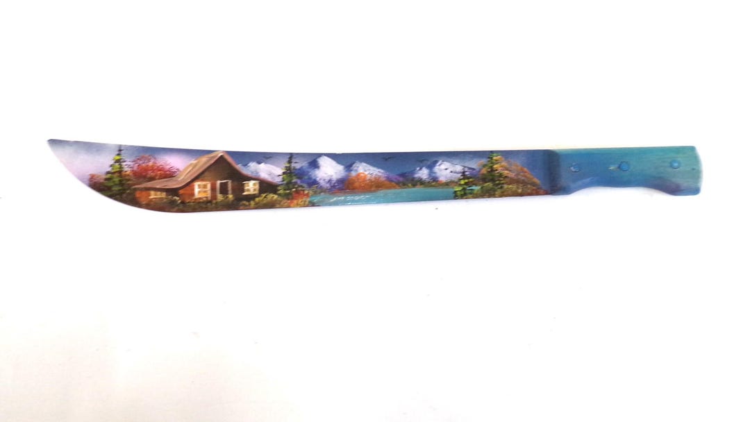 Hand Painted Cabin Lake Machete – Mountain Scene Art Blade, Rustic Wall ...
