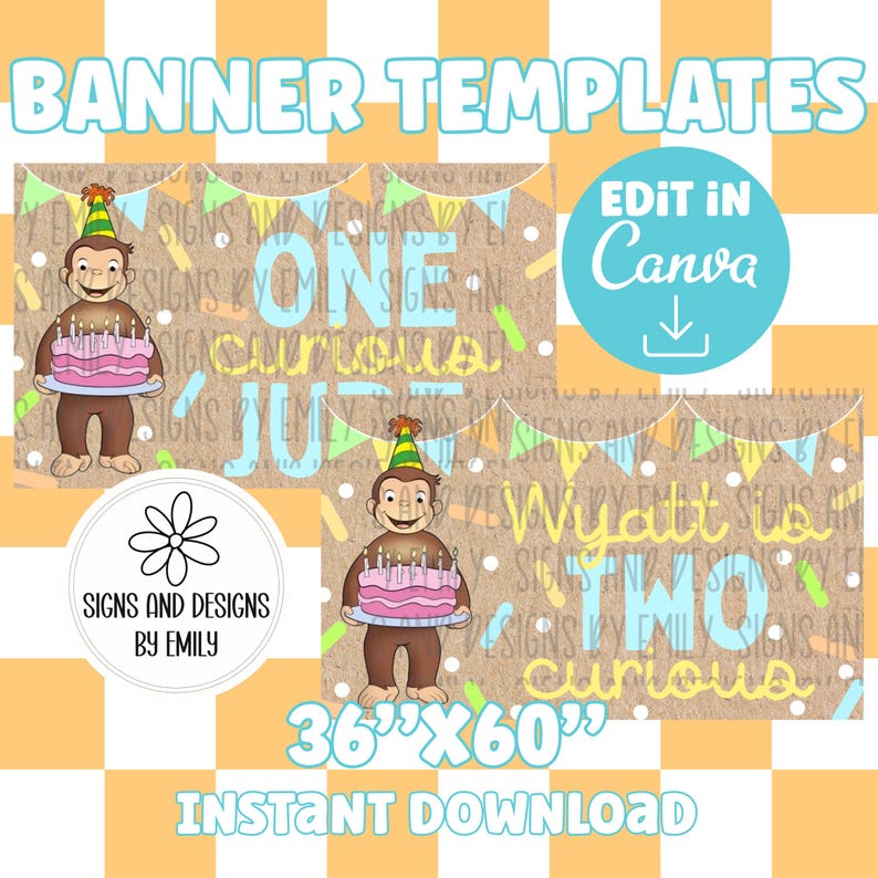 Curious Monkey Birthday Banner Template | Editable 36"x60" Canva ...