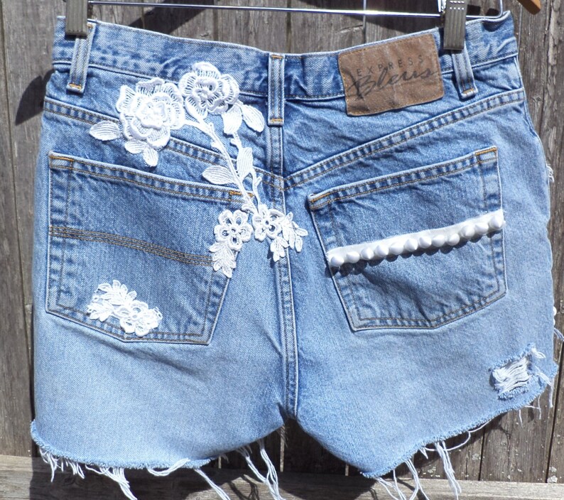 High Waisted Denim Shorts - Distressed Shorts - Upcycled, Recycled ...