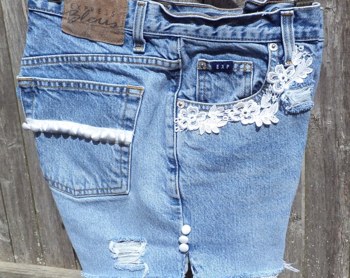 High Waisted Denim Shorts Distressed Shorts Upcycled, Recycled ...