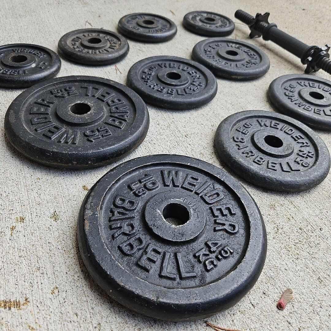 Vtg WEIDER BARBELL 10 Cast Iron Plates 1 Dumbbell TOTAL 52 Lbs 10s 5s ...