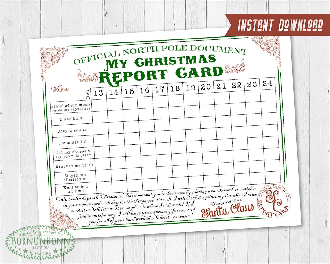 Christmas Report Card - Digital Download - Child's Report Card ...