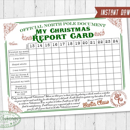 Christmas Report Card Digital Download Child's Report - Etsy