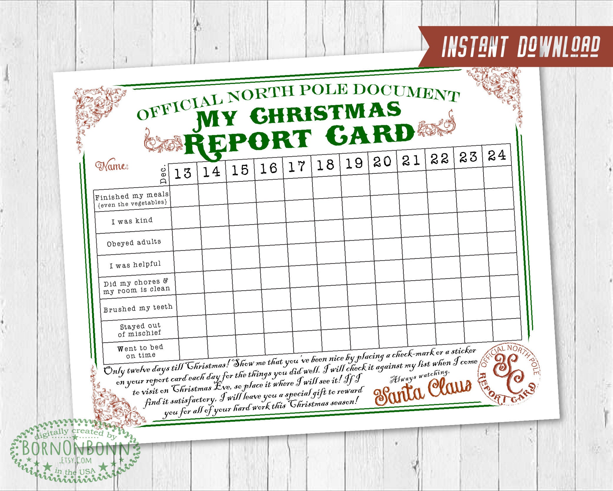 Christmas Report Card - Digital Download - Child's Report Card ...