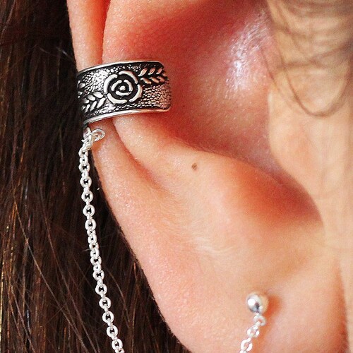 Leafs Ear Cuff With Chain Earring Set Silver Double Piercing - Etsy