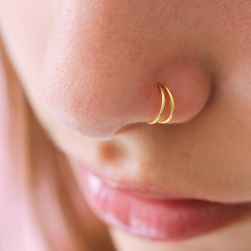 Double Nose Ring for Single Piercing Gold Nose Ring Hoop | Etsy