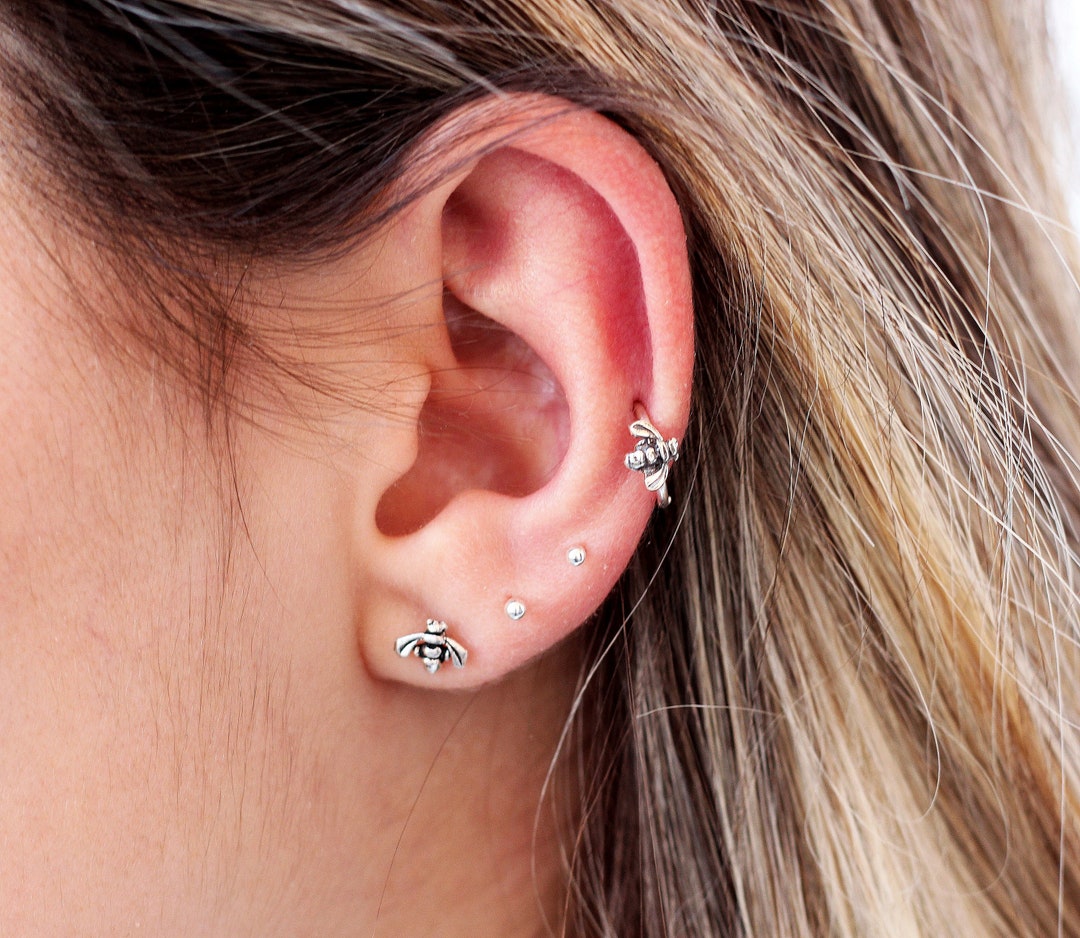 Tiny Bee Conch Ring, Bee Helix Earring, Honey Bee Earrings, Sterling ...