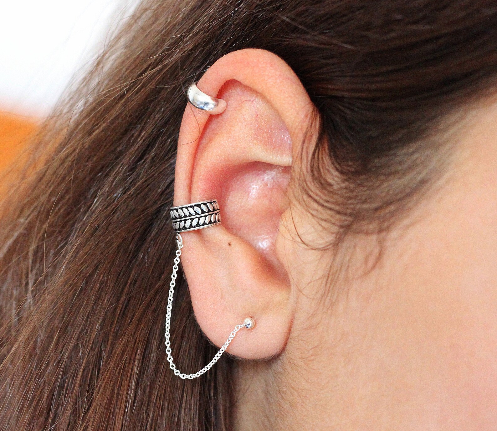 Leafs Ear Cuff With Chain Earring Set Silver Double Piercing | Etsy