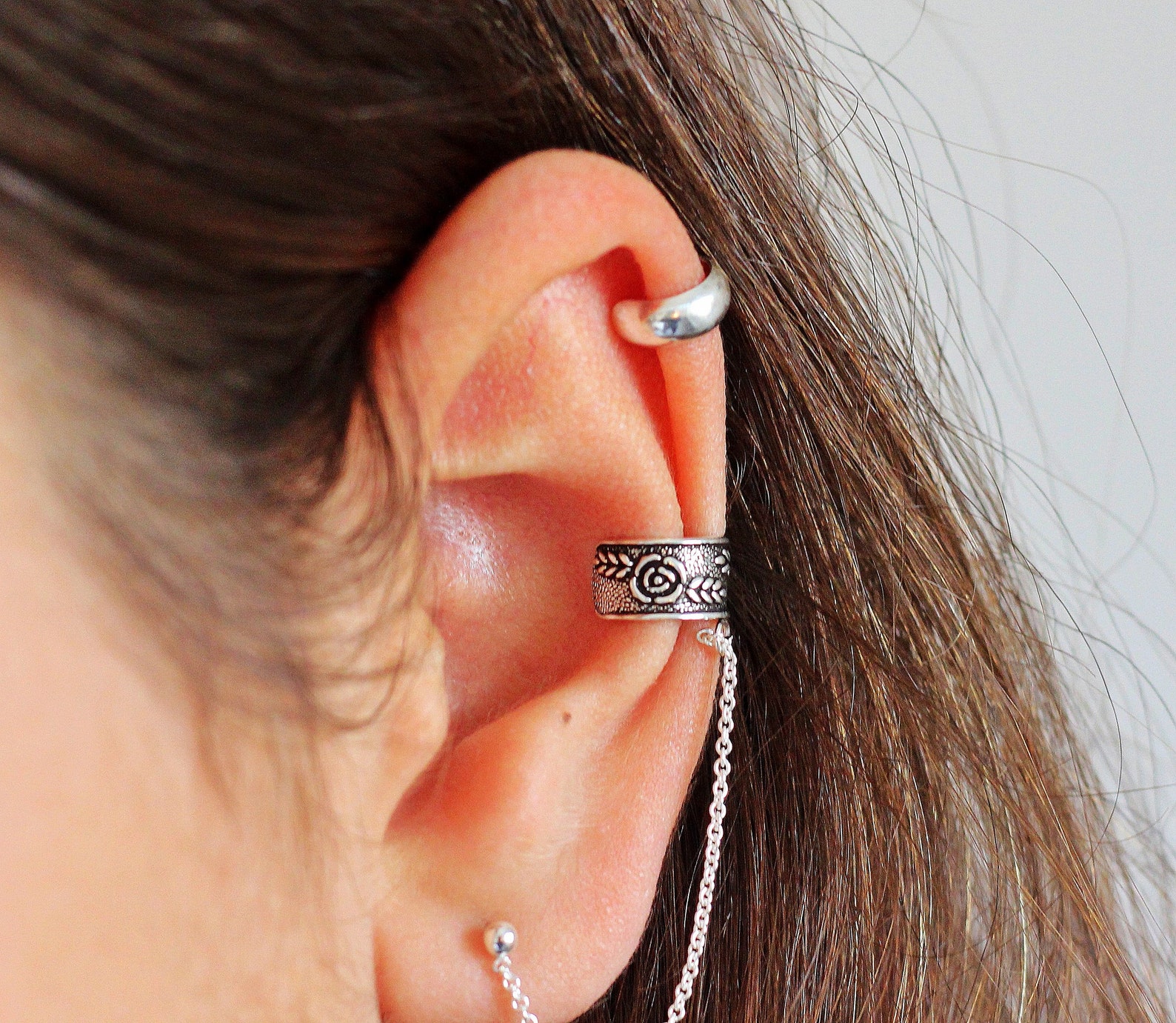 Ear Cuff With Chain Earring Set Sterling Silver Double | Etsy