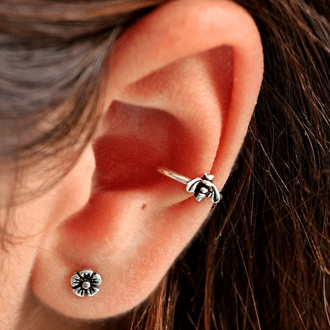 Tiny Bee Conch Hoop, Gold Conch Ring, Bee Cartilage Earring, Sterling ...