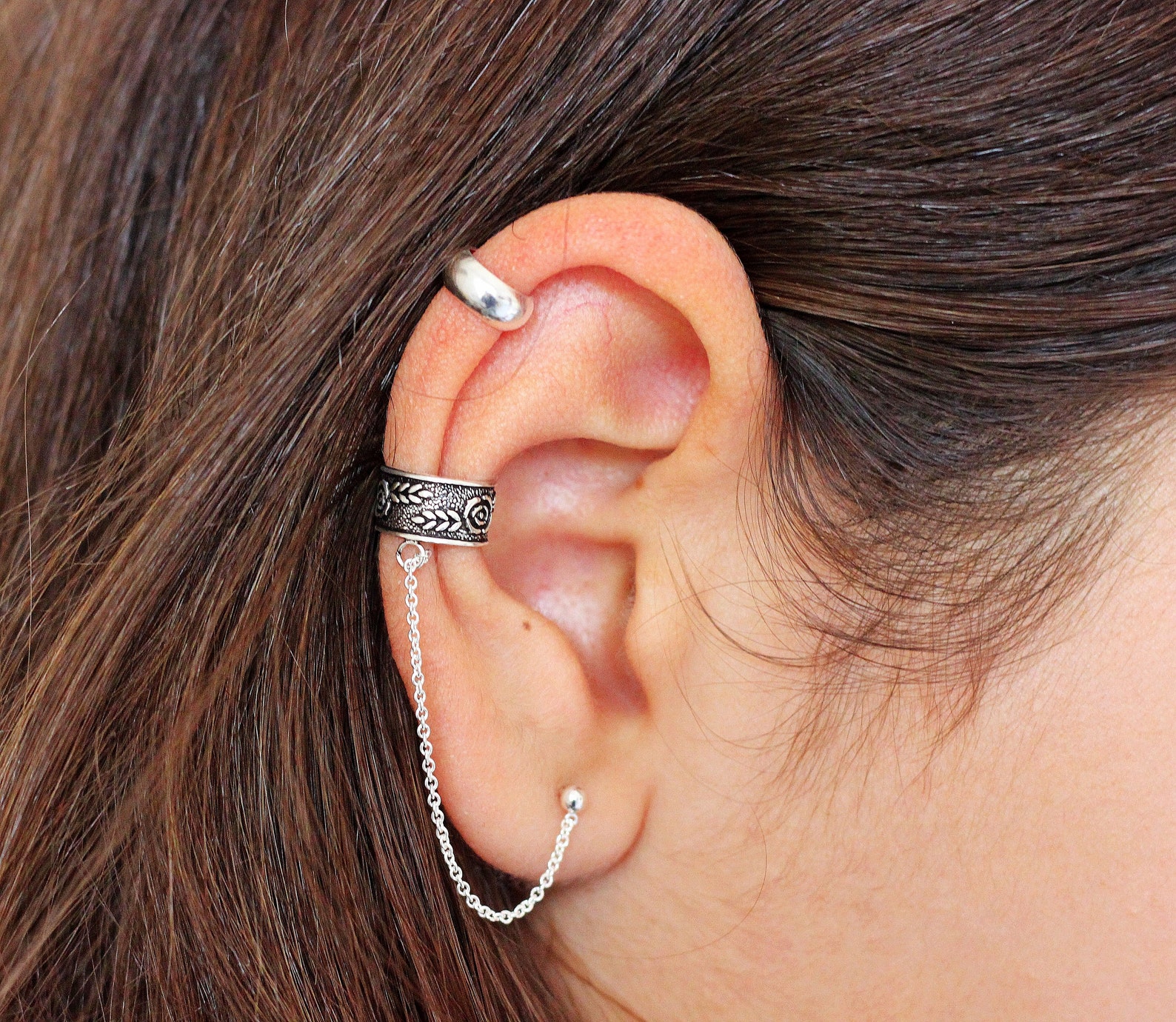 Ear Cuff With Chain Earring Set Sterling Silver Double | Etsy