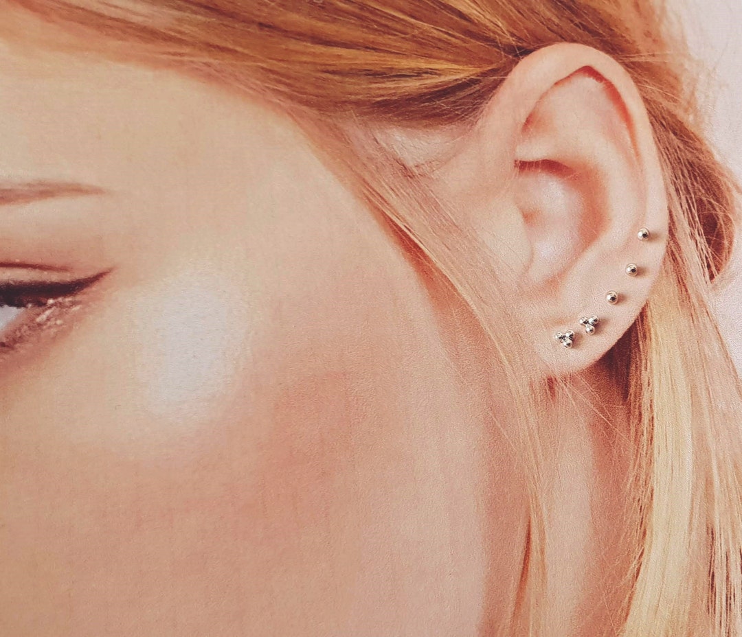 3mm Stud Earrings, Cartilage Piercing, Tri Ball Minimalist Stud ...