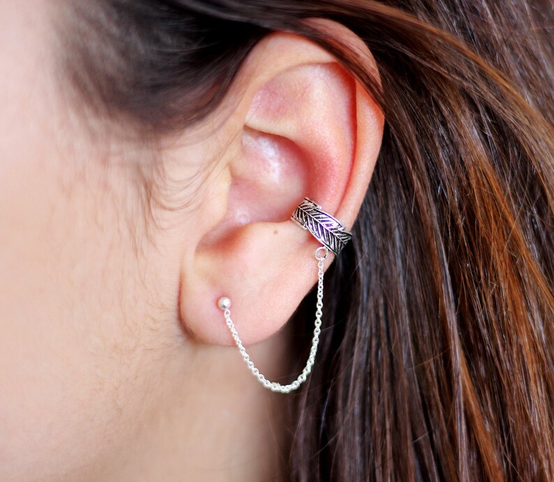 Ear Cuff With Chain Earring Set Sterling Silver Double - Etsy