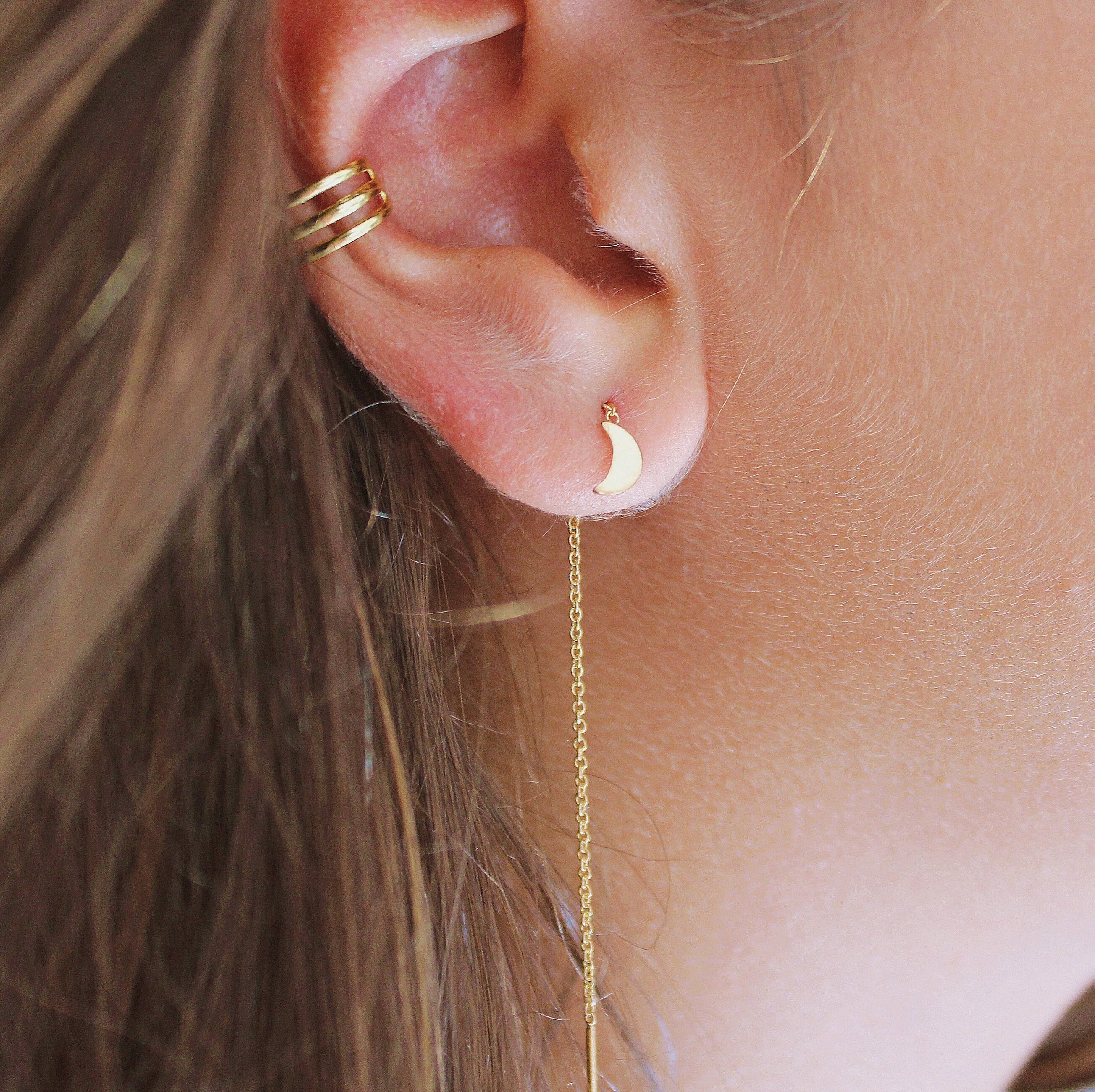 Moon Threader Earrings Minimalist Earrings Moon Earrings - Etsy