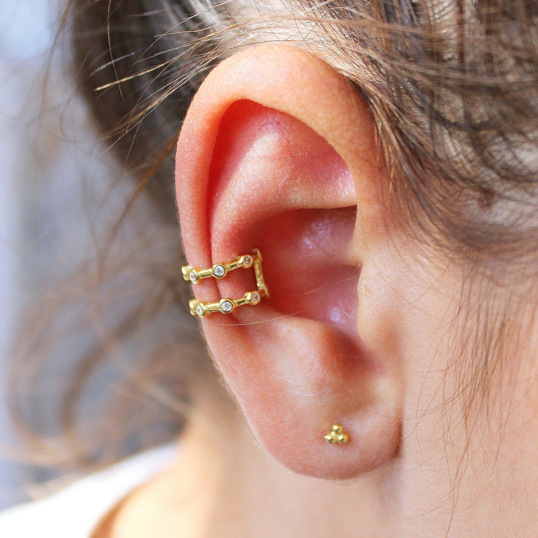 Non Pierced Ear Cuff, Double Ear Cuff, CZ Ear Cuffs, Gold Conch Earring ...