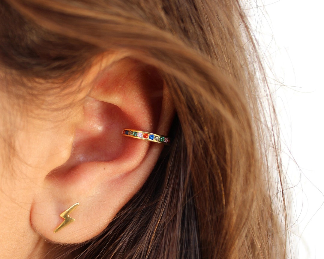 Rainbow CZ Ear Cuff, Ear Cuff No Piercing, Dainty Conch Earring , Non ...