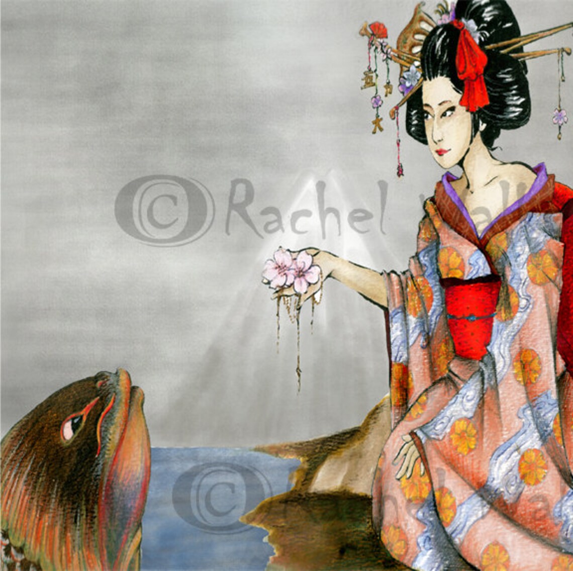 Gift to the Great Koi, Geisha, Koi Fish, Catfish, Mythology, Japan ...