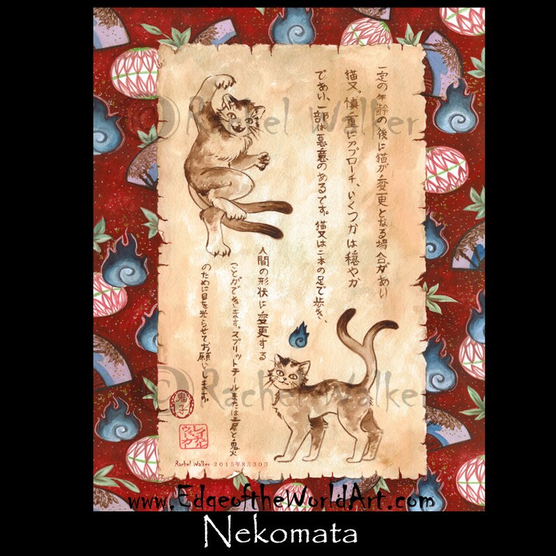 SET of 3 Neko, Nekomata Negora, Yokai, Happy, Japanese, Creatures ...
