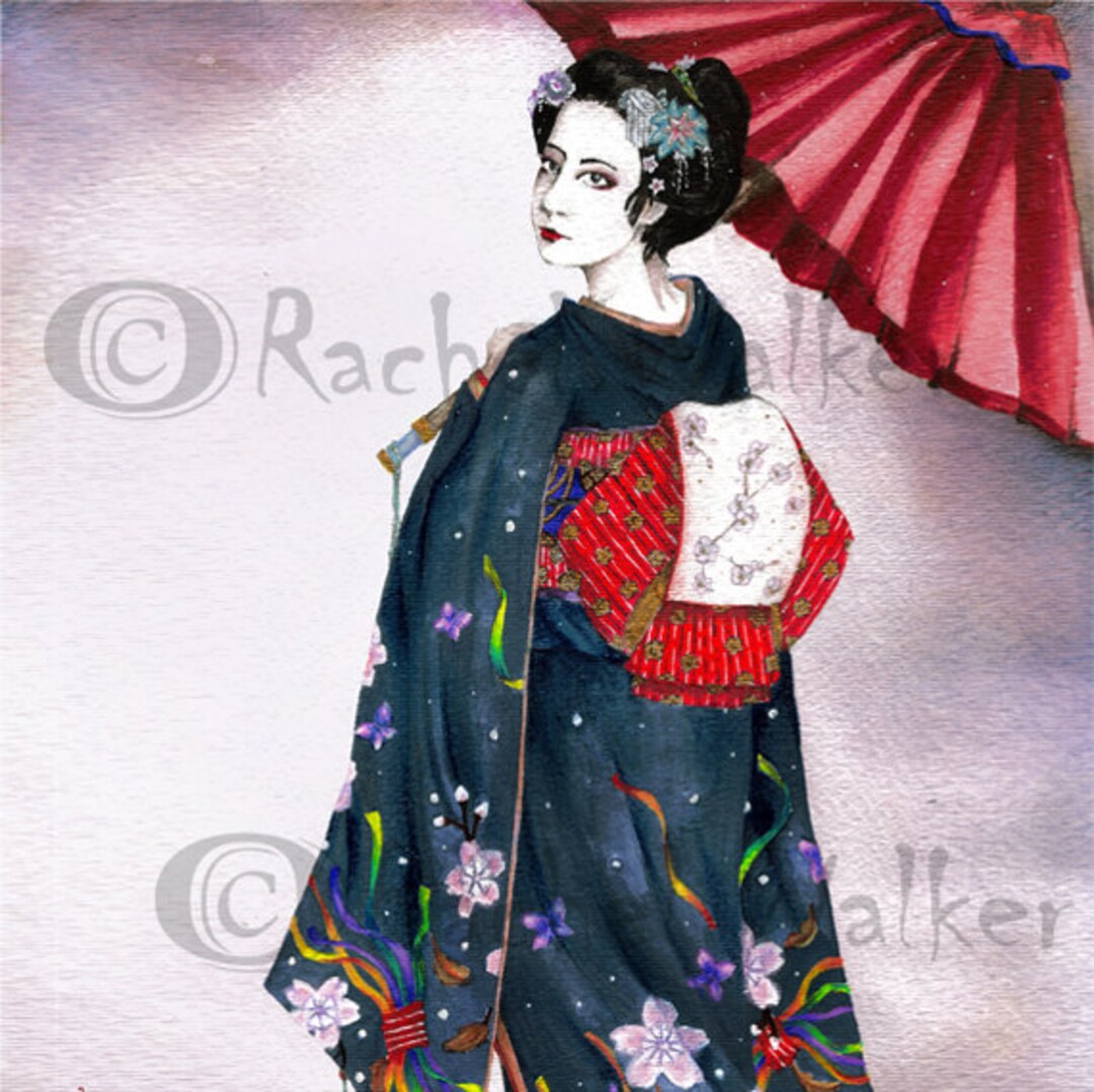 New Years, Geisha, Kimono, Ribbons, Cherry Blossoms, Red Umbrella, Gifu ...