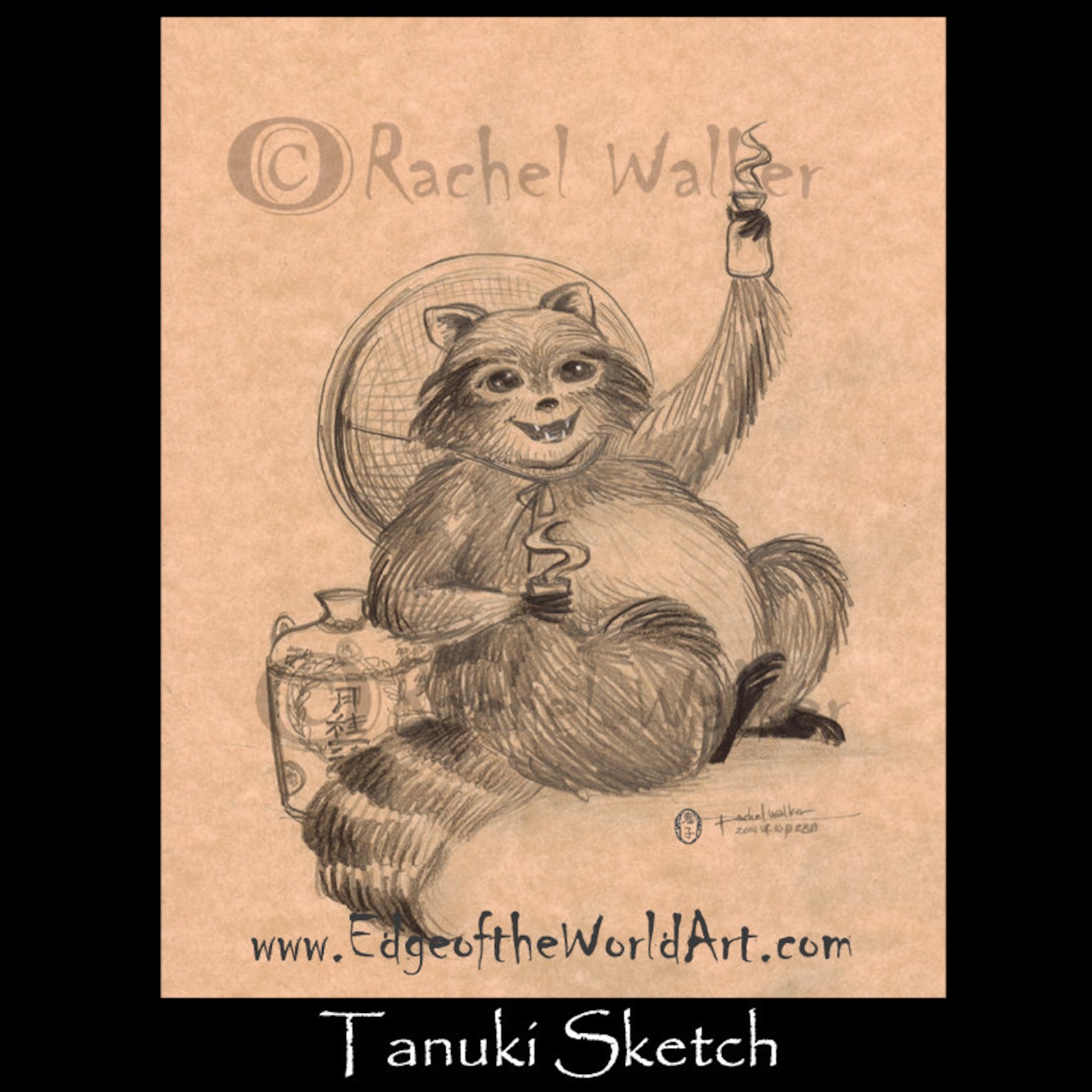 Tanuki Sketch, Print, Japan, Yokai, Folklore, Creature, Raccoon, Sake ...