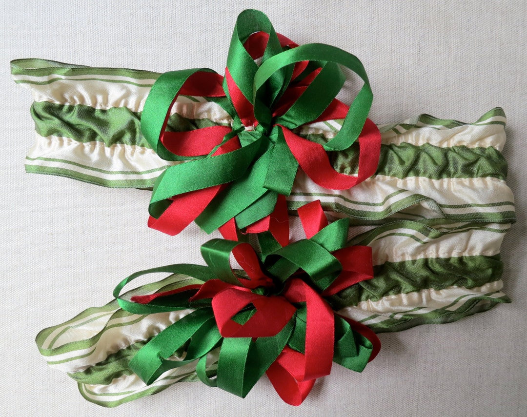 Vintage 1920s Red & Green Silk Ribbon HOLIDAY GARTERS /w/ Looped Ribbon ...