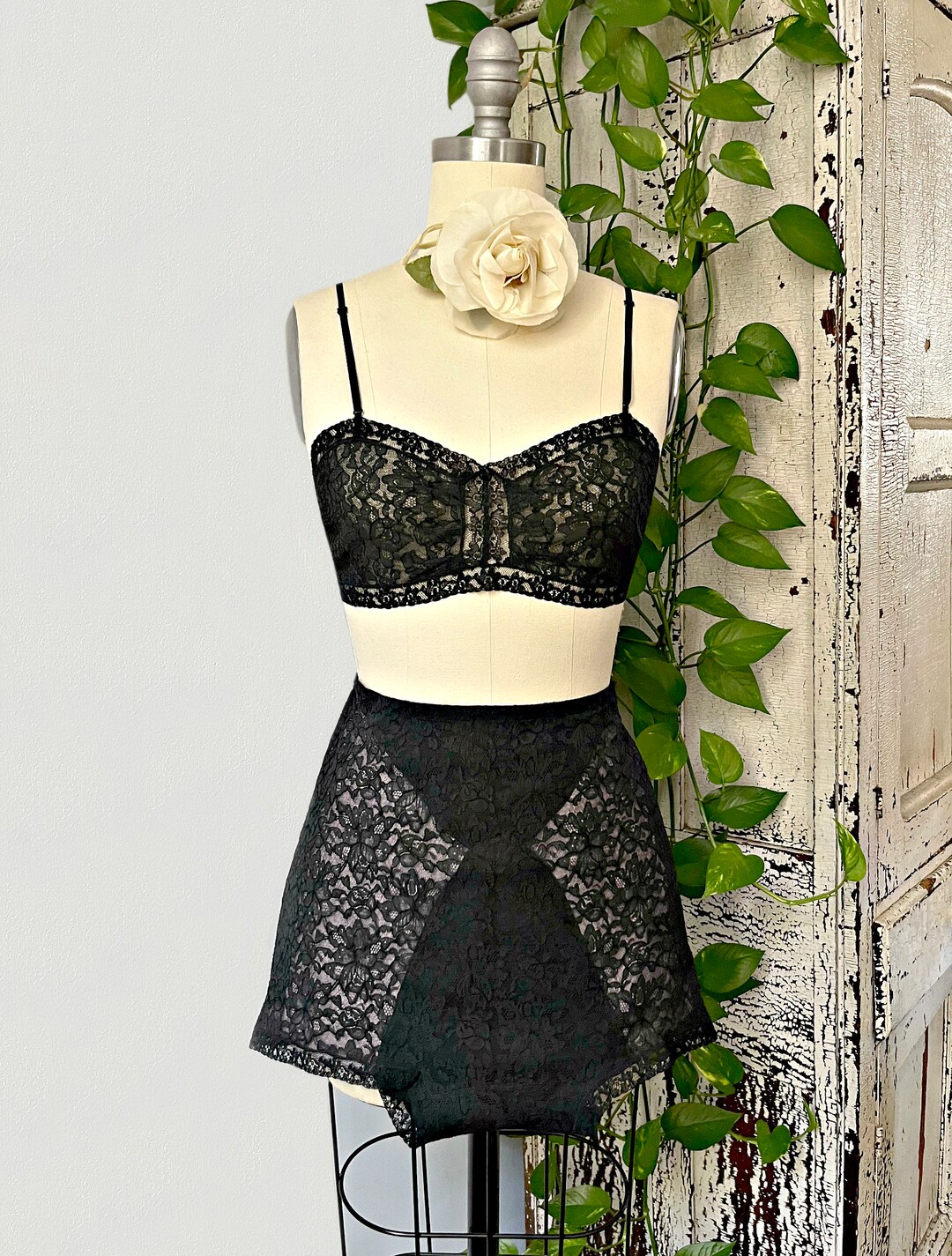 Vintage Lingerie Late 1930s Black Cotton Floral Lace Bralette & Tap ...