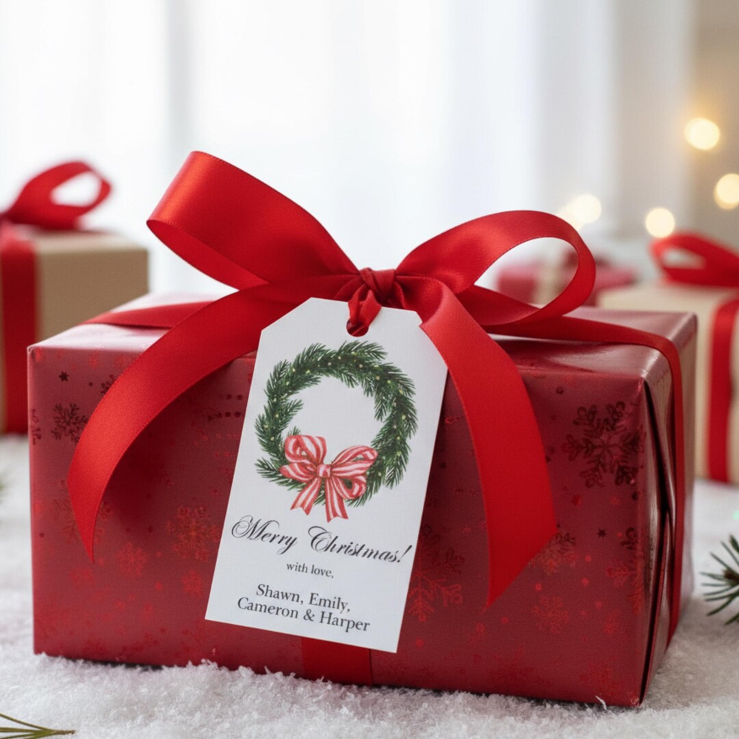 PRINTED Christmas Gift Tags, Personalized Red Striped Bow, Corporate ...