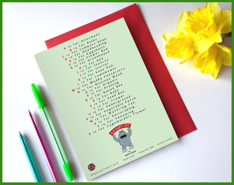 The Gardener's Alphabet Greeting Card, Birthday Card, Mother's Day Card ...