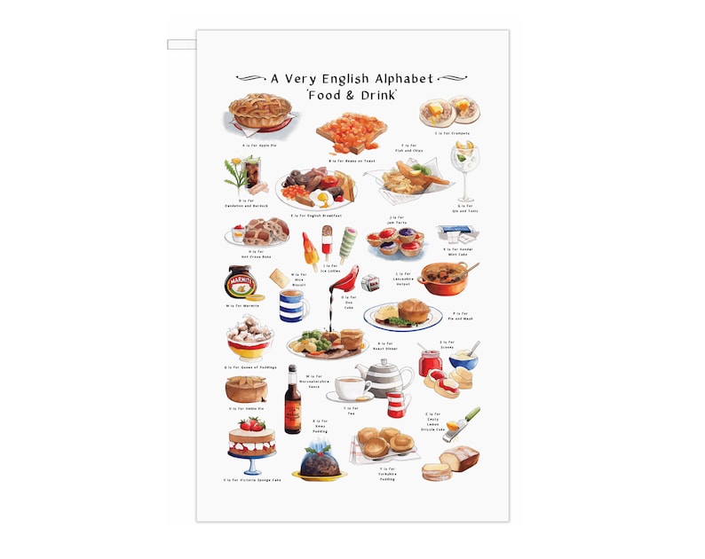 English Food & Drink Alphabet Tea Towel. England Food Tea Towel ...