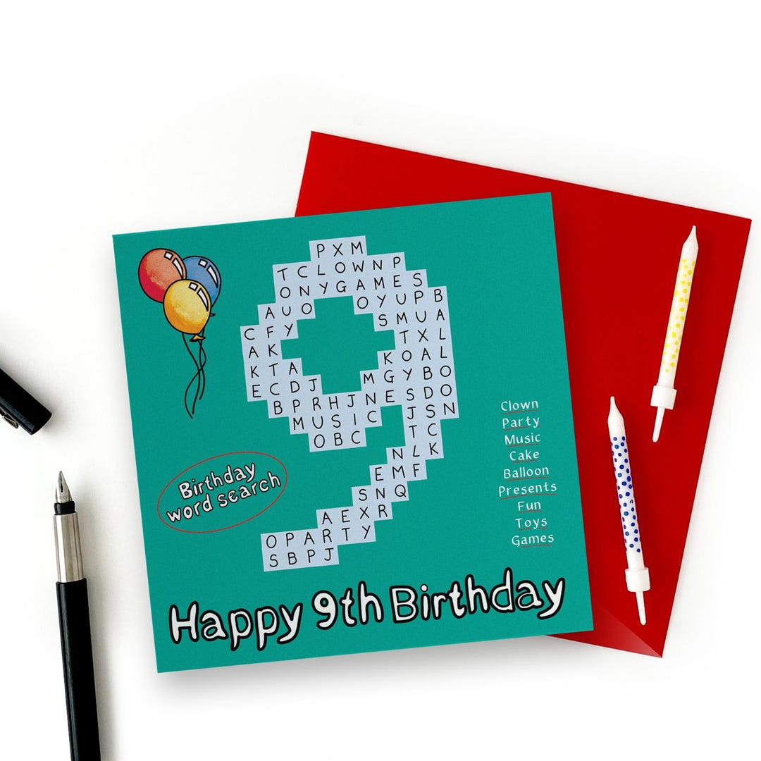 9th Birthday Card. Fun Kids Birthday Card - Word Search, Happy Birthday ...
