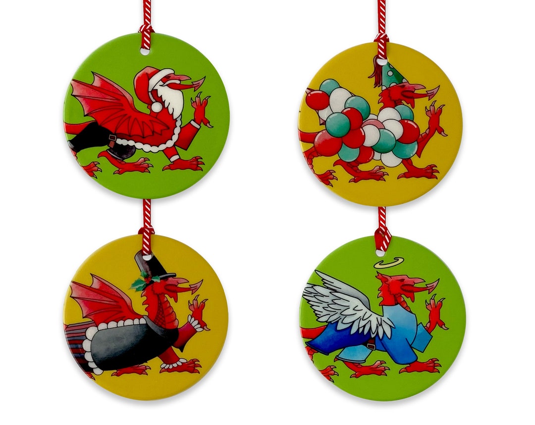 Welsh Dragon Christmas Ornaments: Hand-printed Ceramic Decorations, Set ...