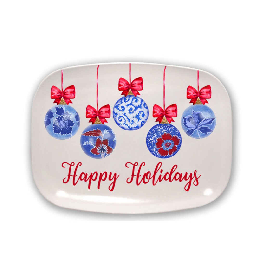 Personalized Christmas Serving Platter: Blue Baubles Holiday Tray - Etsy