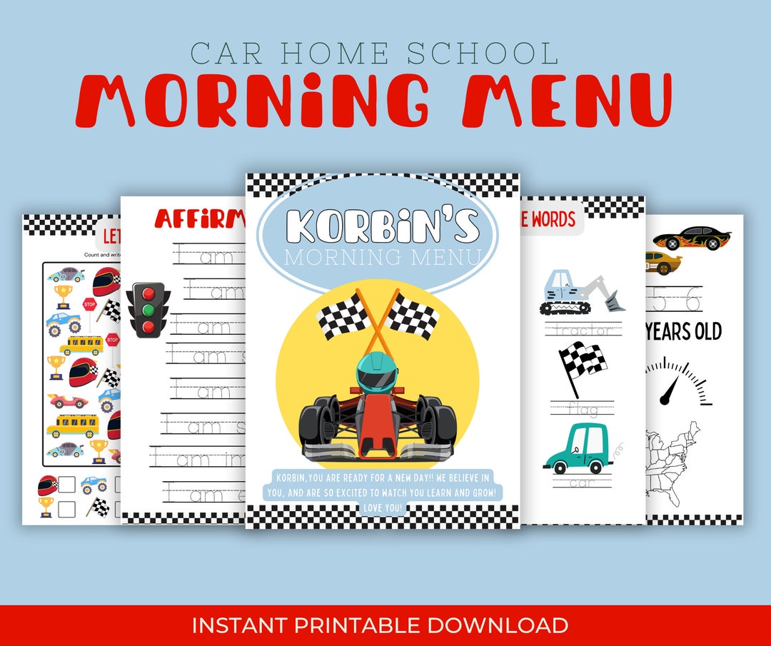 Race Car Morning Menu Homeschool Printables Worksheets: Homeschool ...