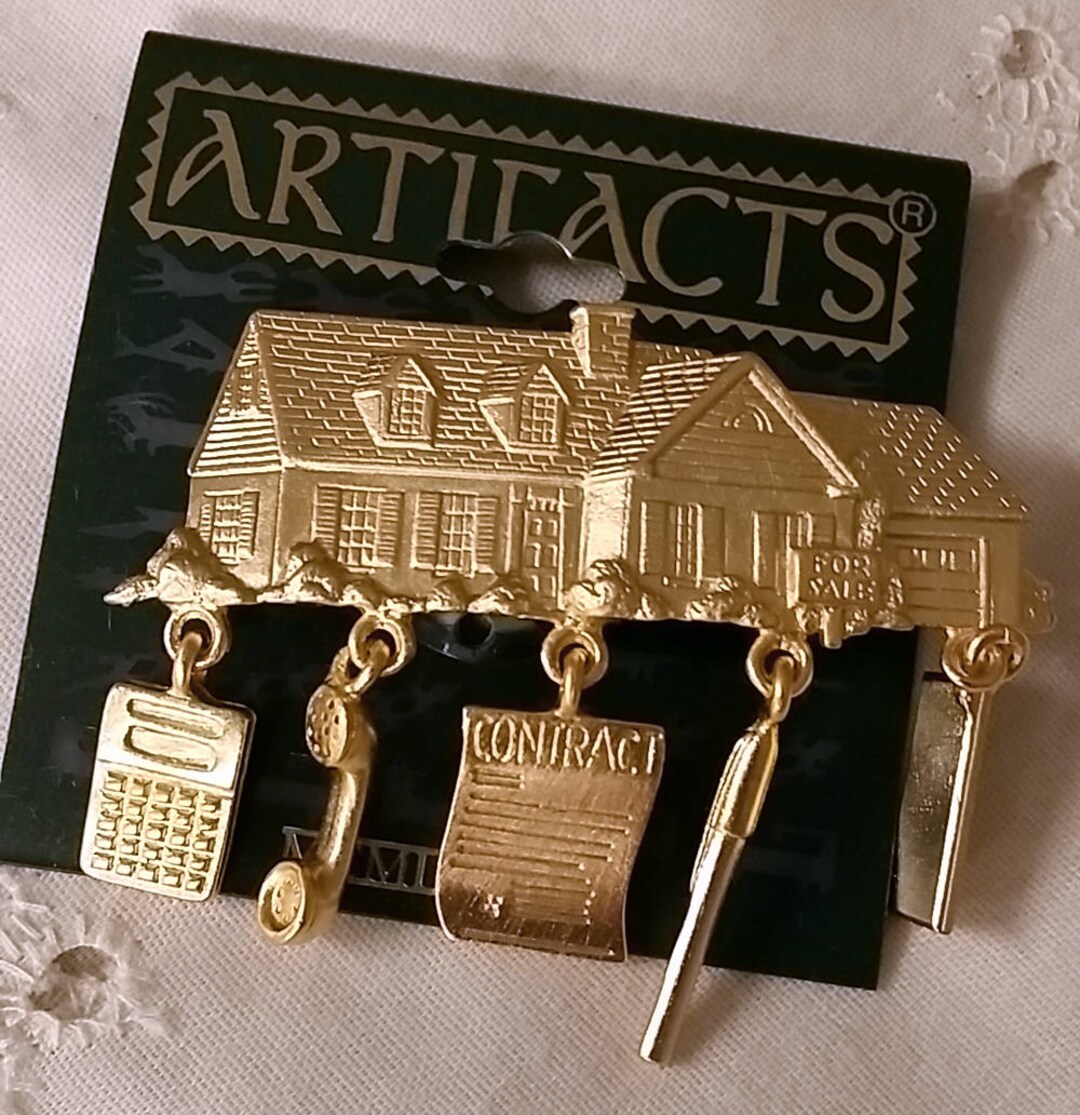 Vintage JJ Artifacts Real Estate Pin With Dangling Charms Pin Gold Tone ...