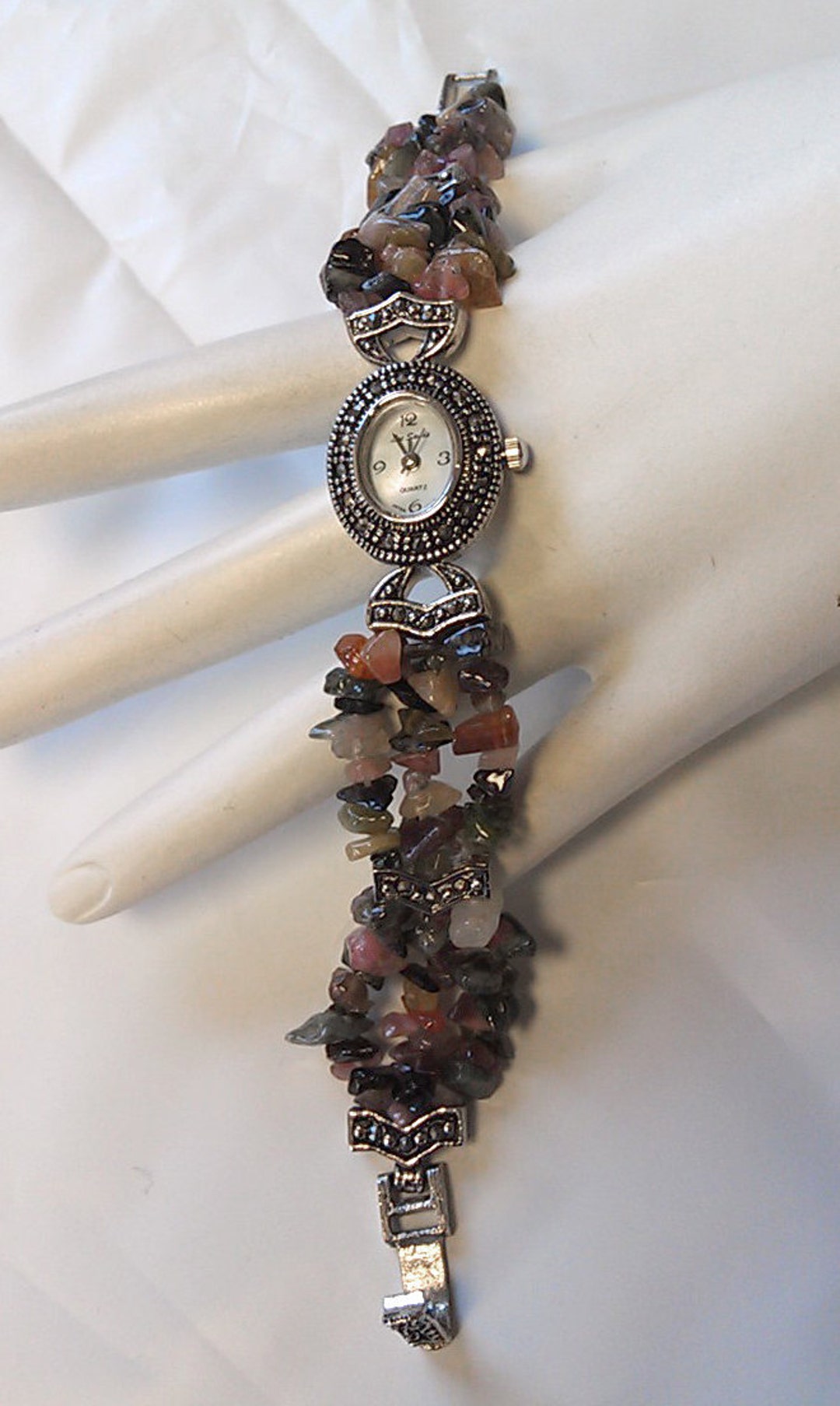 Vtg Lee Sands Oval Marcasite MOP Watch Face Rainbow Tourmaline Chips ...