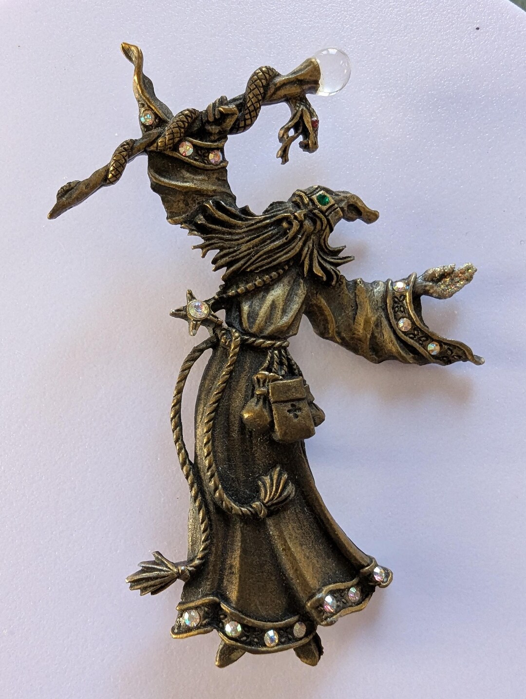 JJ Wizard With Staff and Snake Pin Brooch Bronze Pewter 1980's Sorcerer ...
