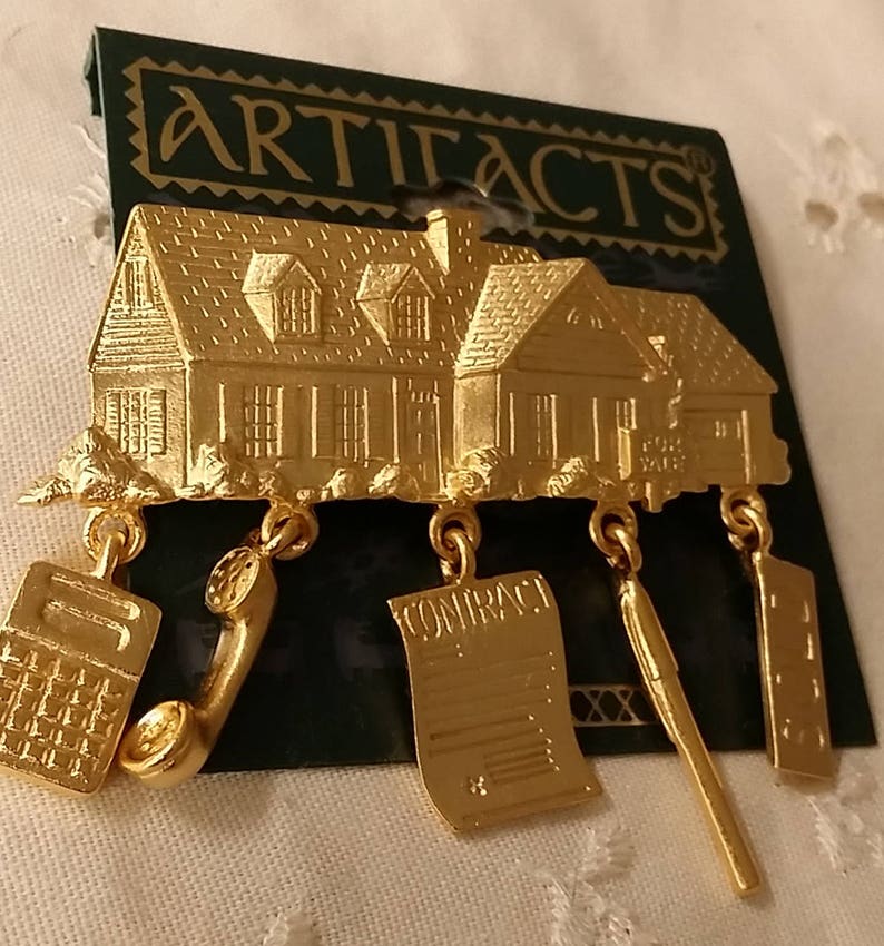Vintage JJ Artifacts Real Estate Pin With Dangling Charms Pin | Etsy