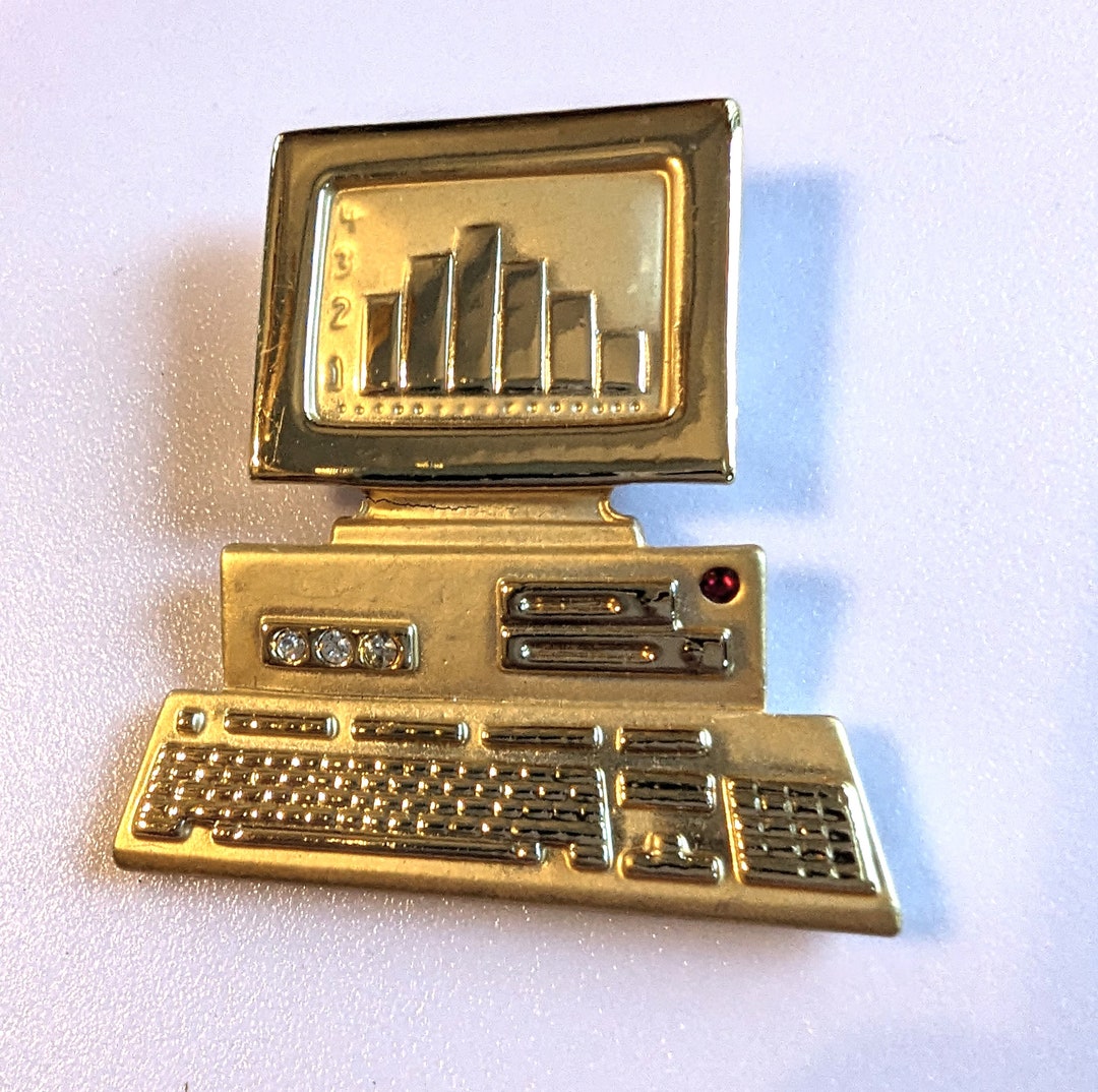 Vintage AJC Gold Tone Computer & Monitor Pin With Rhinestones 1980's 2 ...