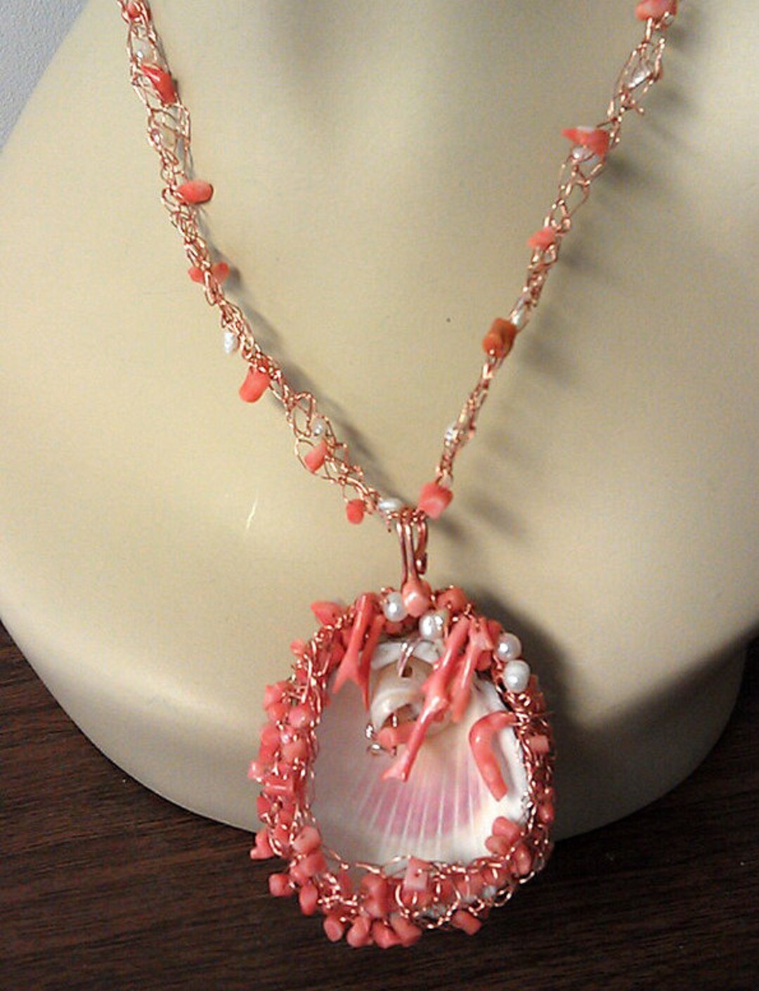 OOAK Handmade Copper Wire Sea Shell Real Branch Coral Cultured Pearl ...